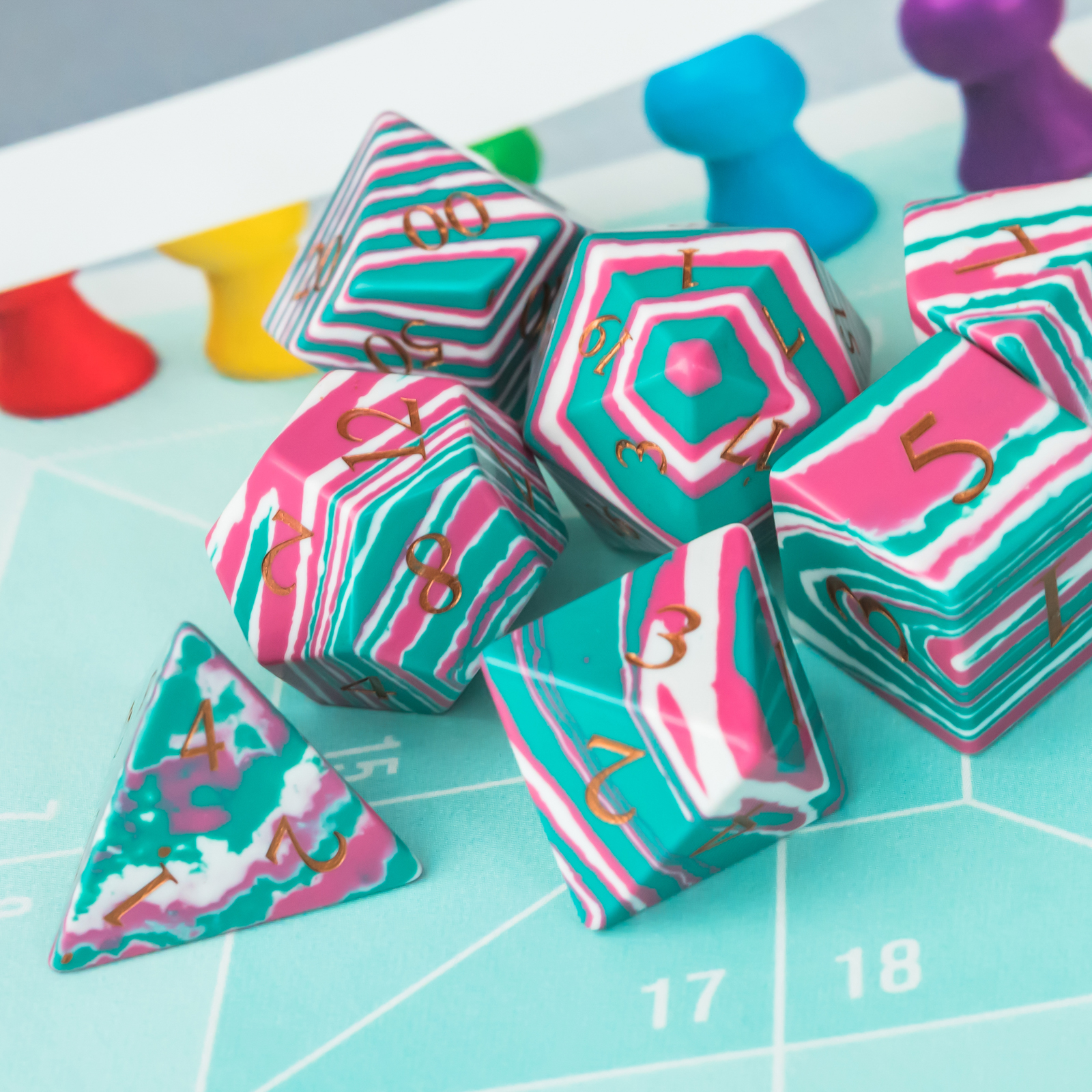 Striped Turquoise Dice Set With Hexagonal Leather Box